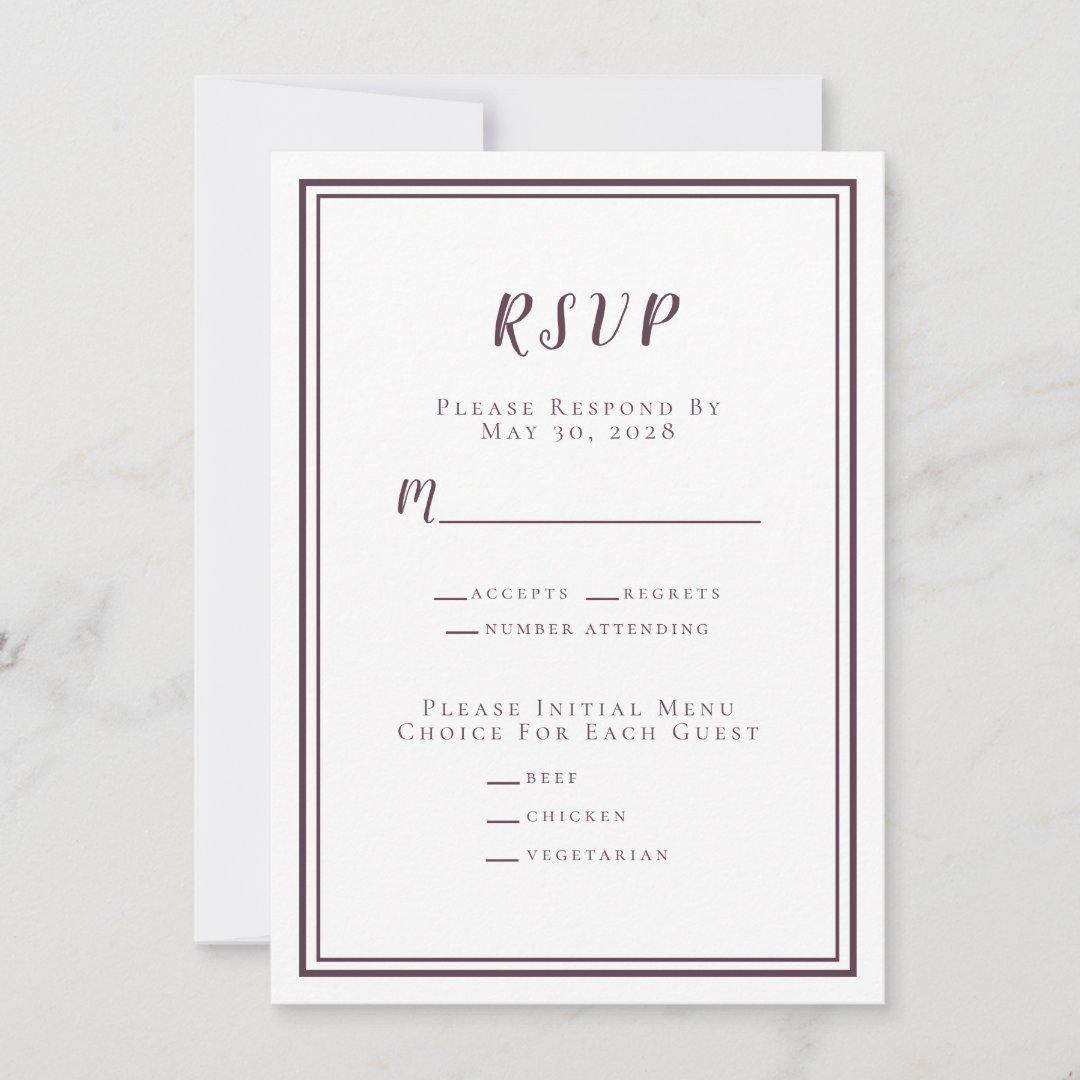 Minimalist Wedding RSVP Menu Purple White | Zazzle