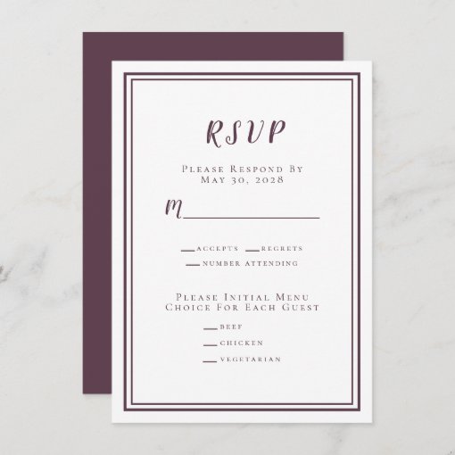 Minimalist Wedding RSVP Menu Purple White | Zazzle