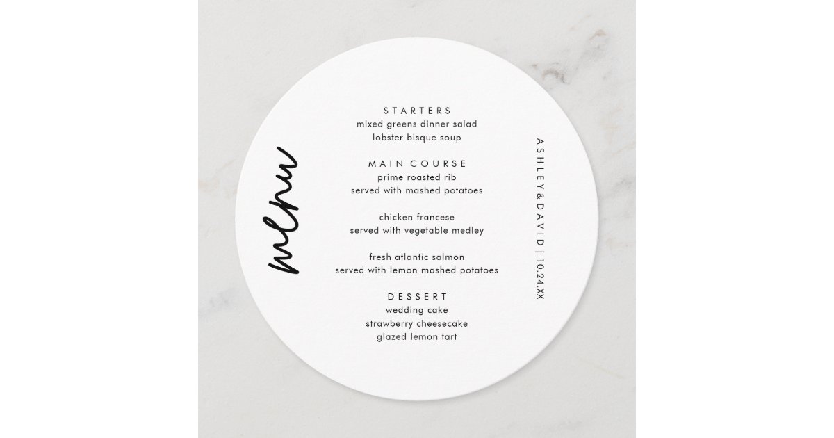 Minimalist Wedding Unique Circle Menu Cards | Zazzle