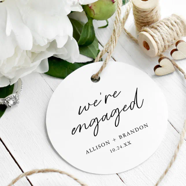 Minimalist We're Engaged Engagement Party Decor Favor Tags | Zazzle