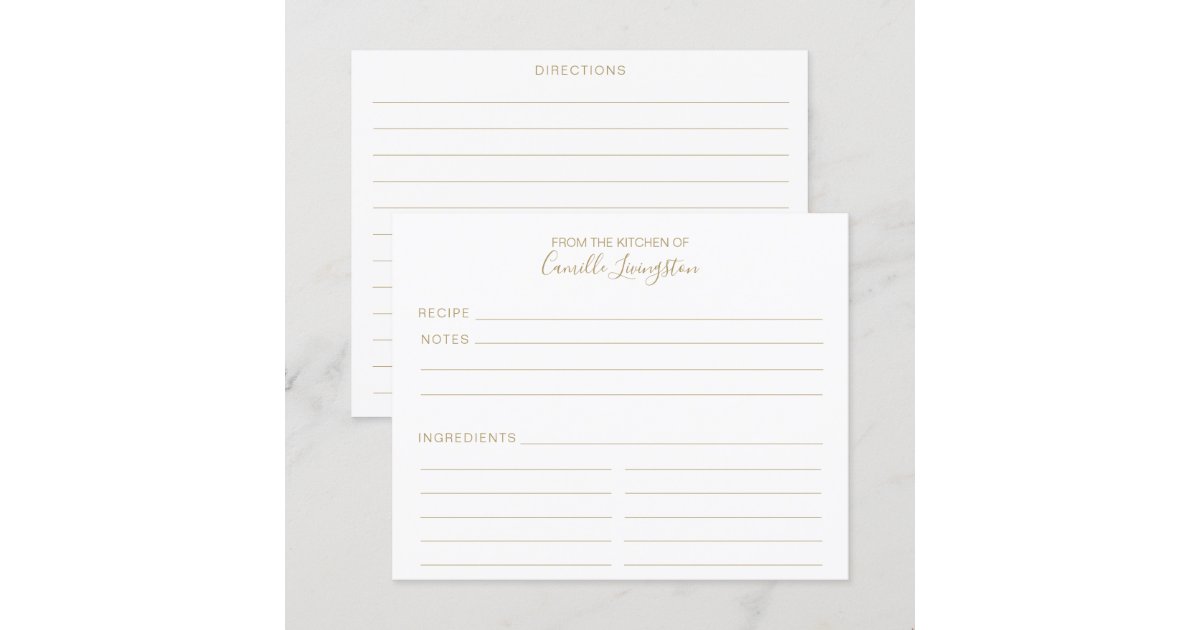 Minimalist White and Gold Custom Recipe Cards | Zazzle