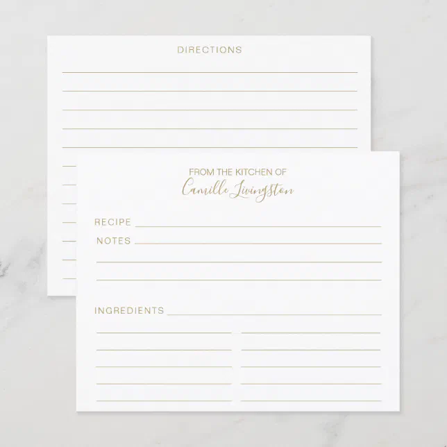 Minimalist White and Gold Custom Recipe Cards | Zazzle