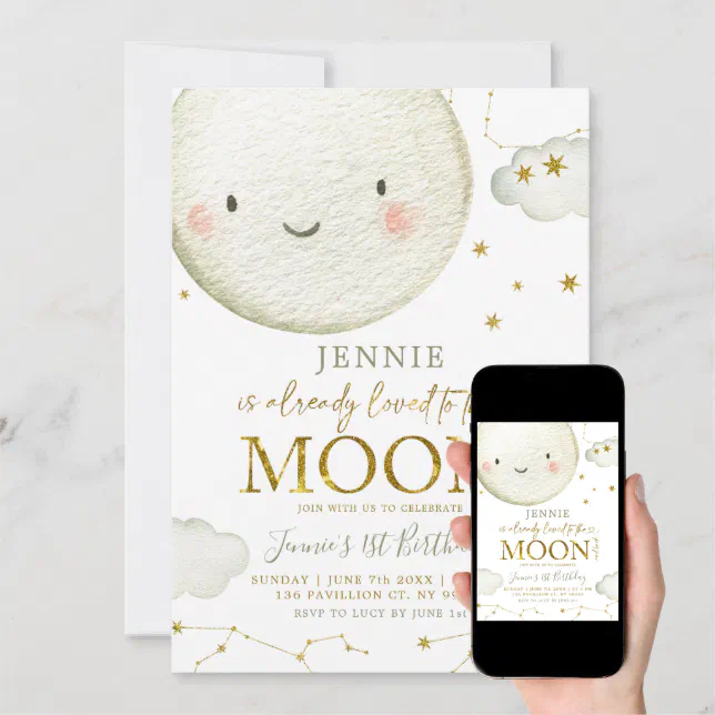 Minimalist White and Gold Moon Girl Birthday Theme Invitation | Zazzle