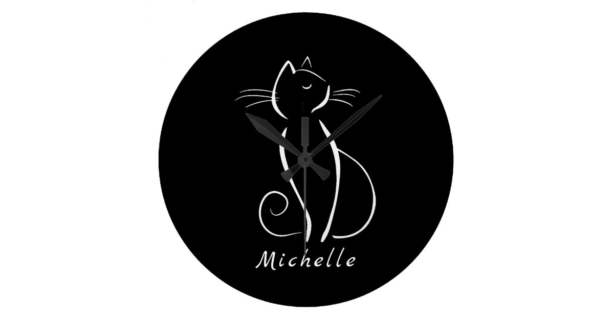 Minimalist White Cat On Black Add Name Large Clock | Zazzle.com