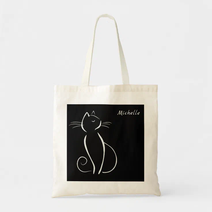Minimalist White Cat On Black Add Name Tote Bag | Zazzle