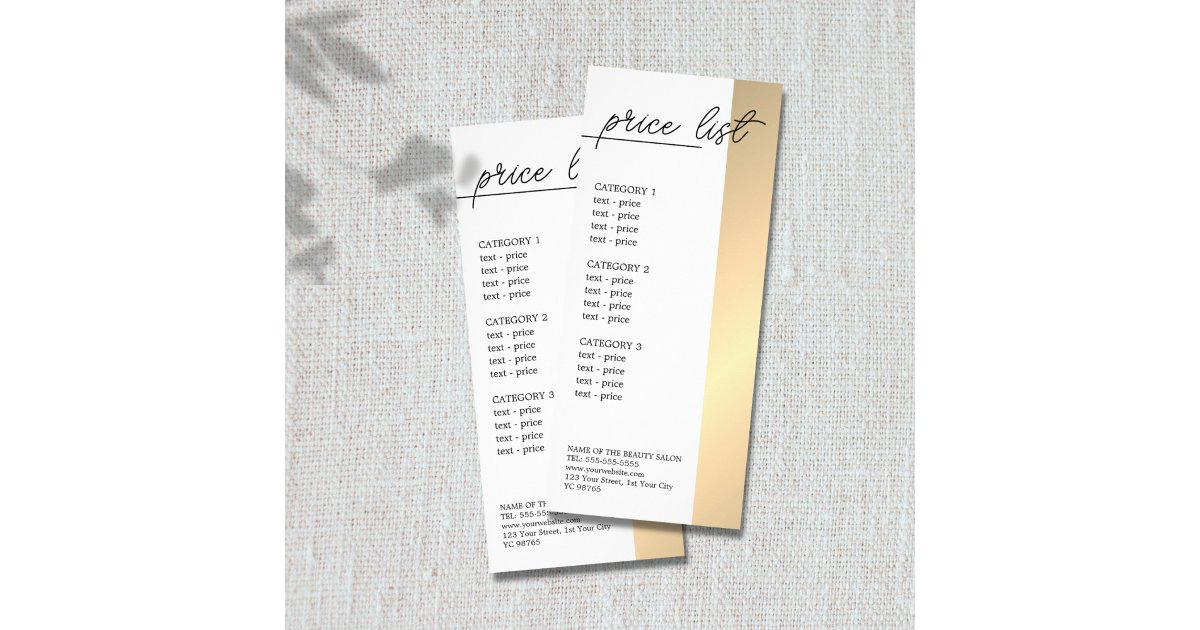 Minimalist White Faux Gold Line Beauty Price List Rack Card | Zazzle