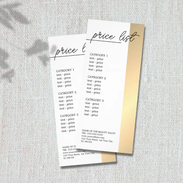 Minimalist White Faux Gold Line Beauty Price List Rack Card | Zazzle
