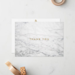 Minimalist White Marble Gold Monogram Thank You Note Card | Zazzle