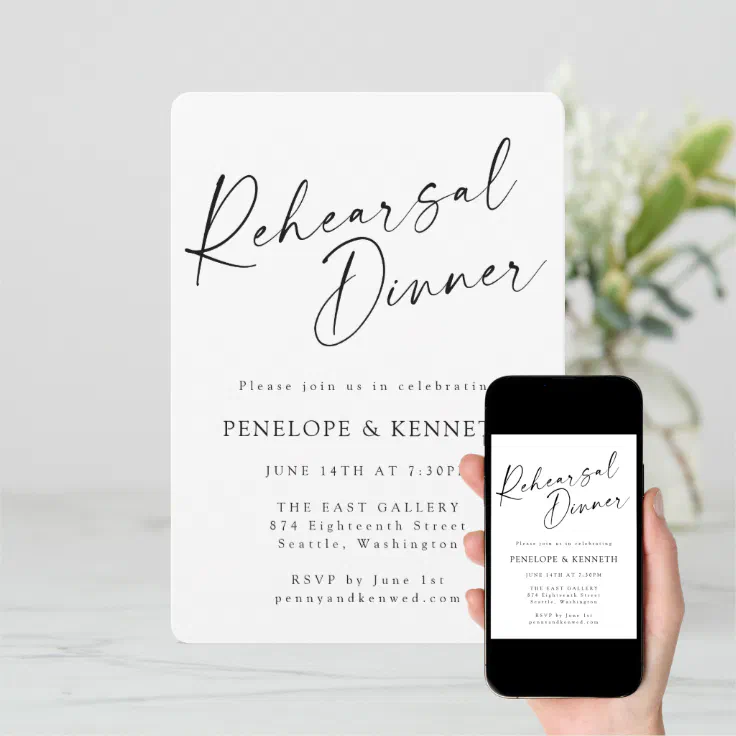 Minimalist White Script Serif Rehearsal Dinner Invitation | Zazzle