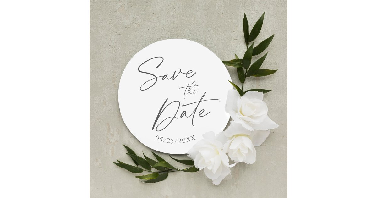 Minimalist White Wedding Save The Date Classic Round Sticker | Zazzle