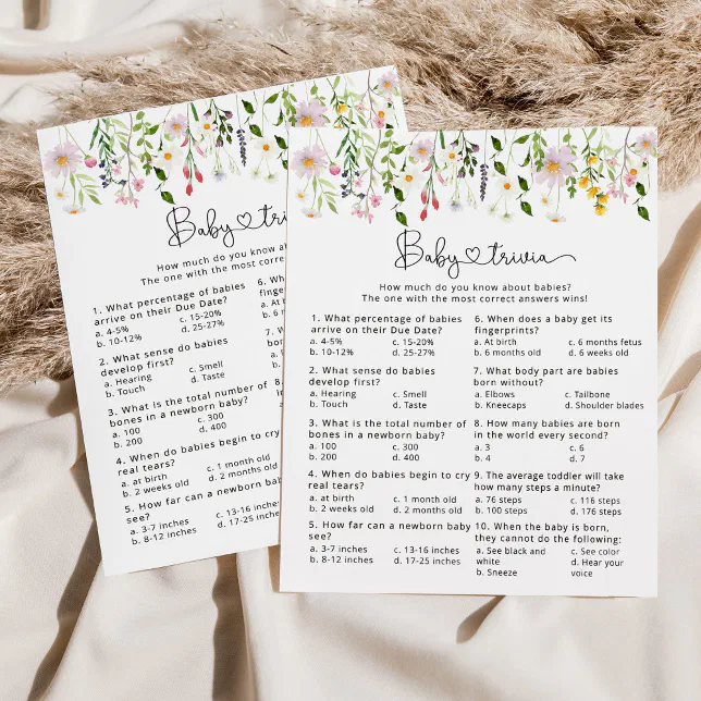 Minimalist wildflower Baby trivia baby shower game | Zazzle