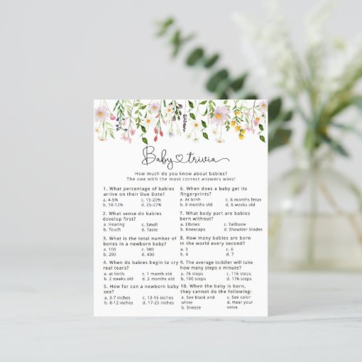 Minimalist wildflower Baby trivia baby shower game | Zazzle