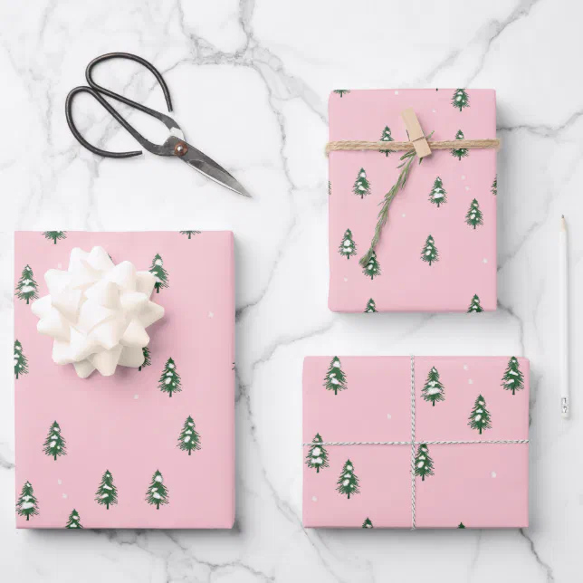 Minimalist Winter Pine Tree Forest Pink Wrapping Paper Sheets | Zazzle