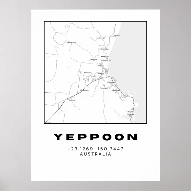 Minimalist Yeppoon Map with Coordinates | Poster | Zazzle