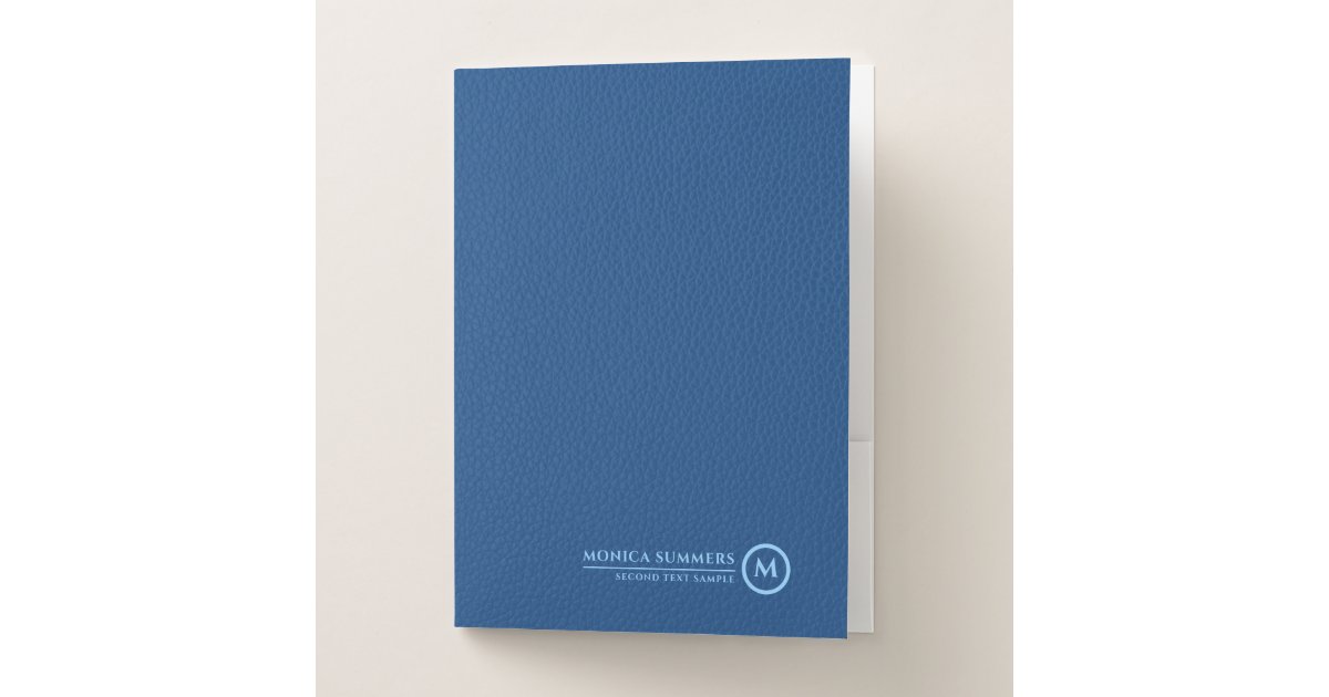 Minimalistic Blue Leather Text Custom Monogram 3 Pocket Folder | Zazzle