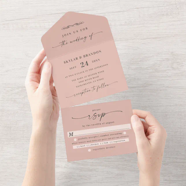 Minimalistic Blush Dusty Pink Solid Color Wedding All In One Invitation ...