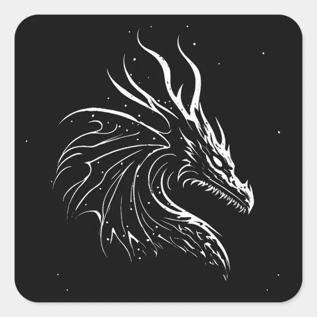 Minimalistic dragon portrait, black and white square sticker | Zazzle