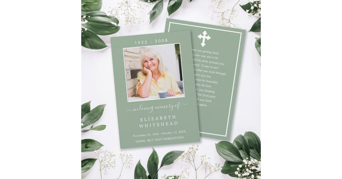 Minimalistic Photo Funeral Sage Green Prayer Card | Zazzle