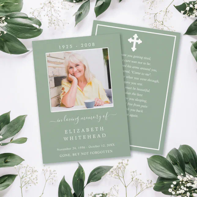 Minimalistic Photo Funeral Sage Green Prayer Card | Zazzle