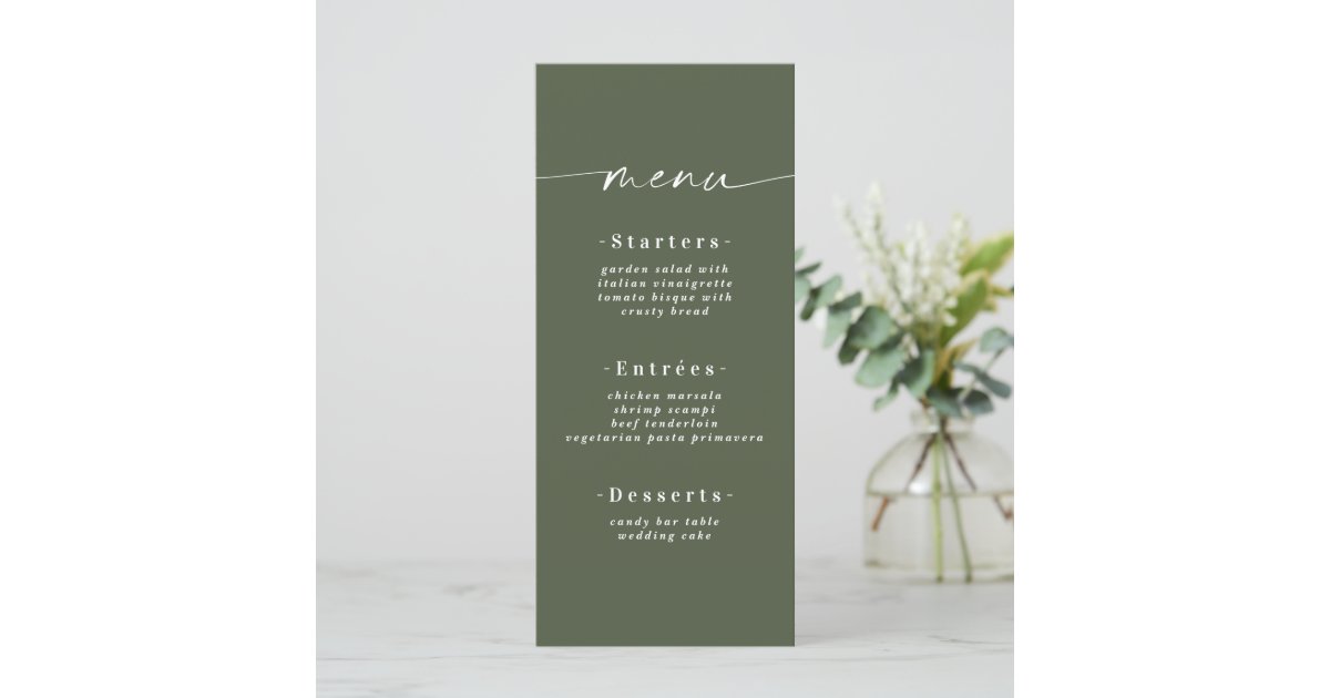 Minimalistic Solid Color Dark Forest Green Wedding Menu | Zazzle