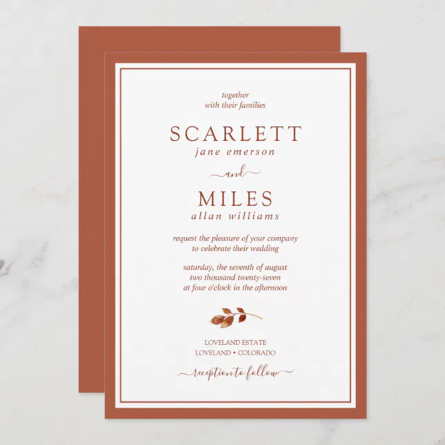 Minimalistic Terracotta Fall Leaves Border Wedding Invitation | Zazzle