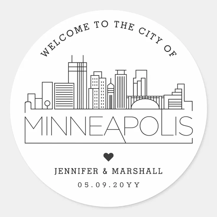 Minneapolis Skyline | Wedding Welcome Message Classic Round Sticker ...