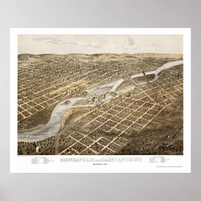 Minneapolis & St. Anthony, MN Panoramic Map - 1867 Poster | Zazzle
