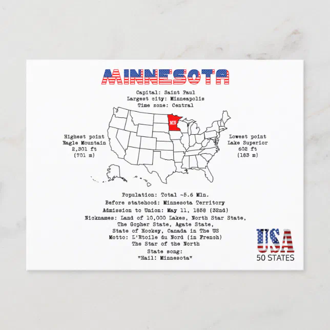 Minnesota American state on a map and useful info Holiday Postcard | Zazzle