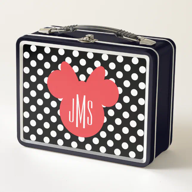 Minnie | Black and White Polka Dot Monogram Metal Lunch Box | Zazzle