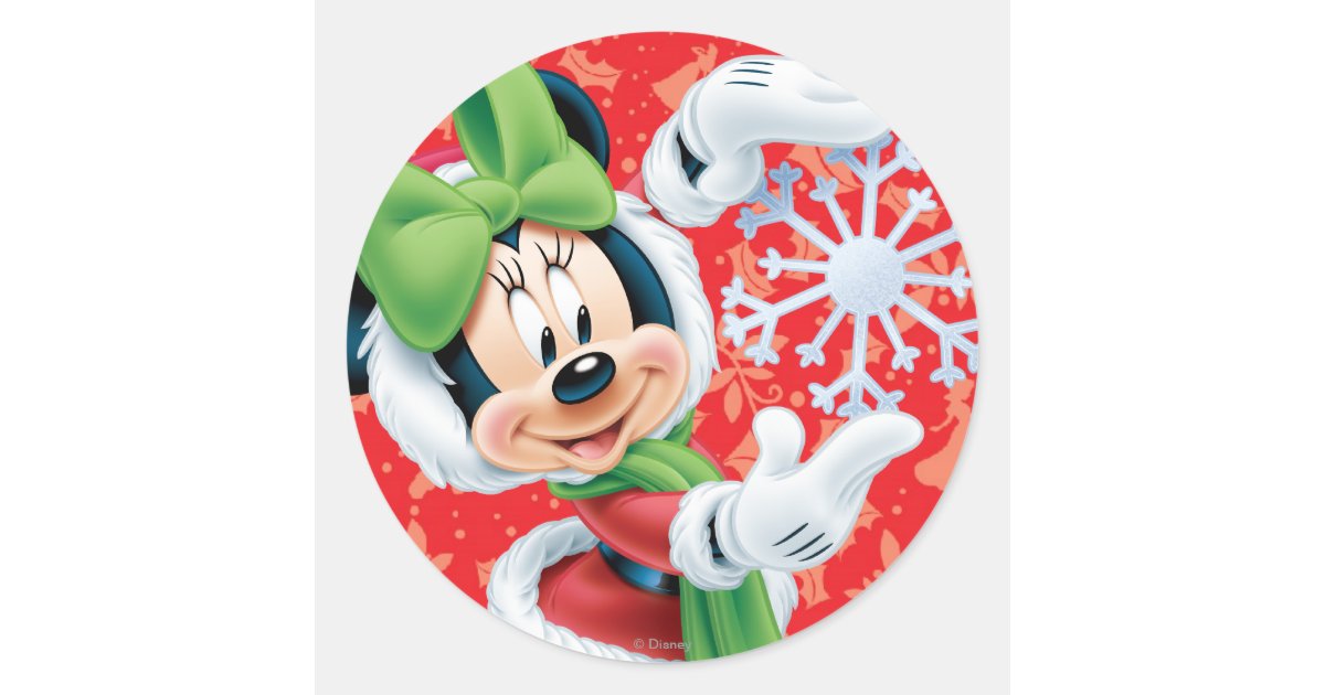 Minnie Holding Snowflake Classic Round Sticker | Zazzle