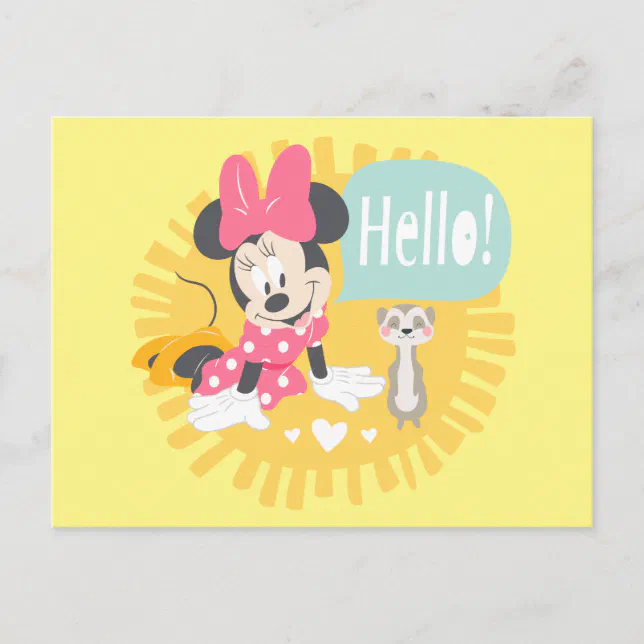 Minnie Mouse and Animal Friend - Hello Postcard | Zazzle