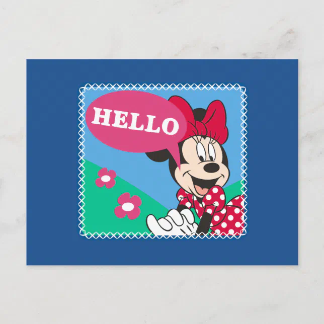 Minnie Mouse by Flowers - Hello Postcard | Zazzle