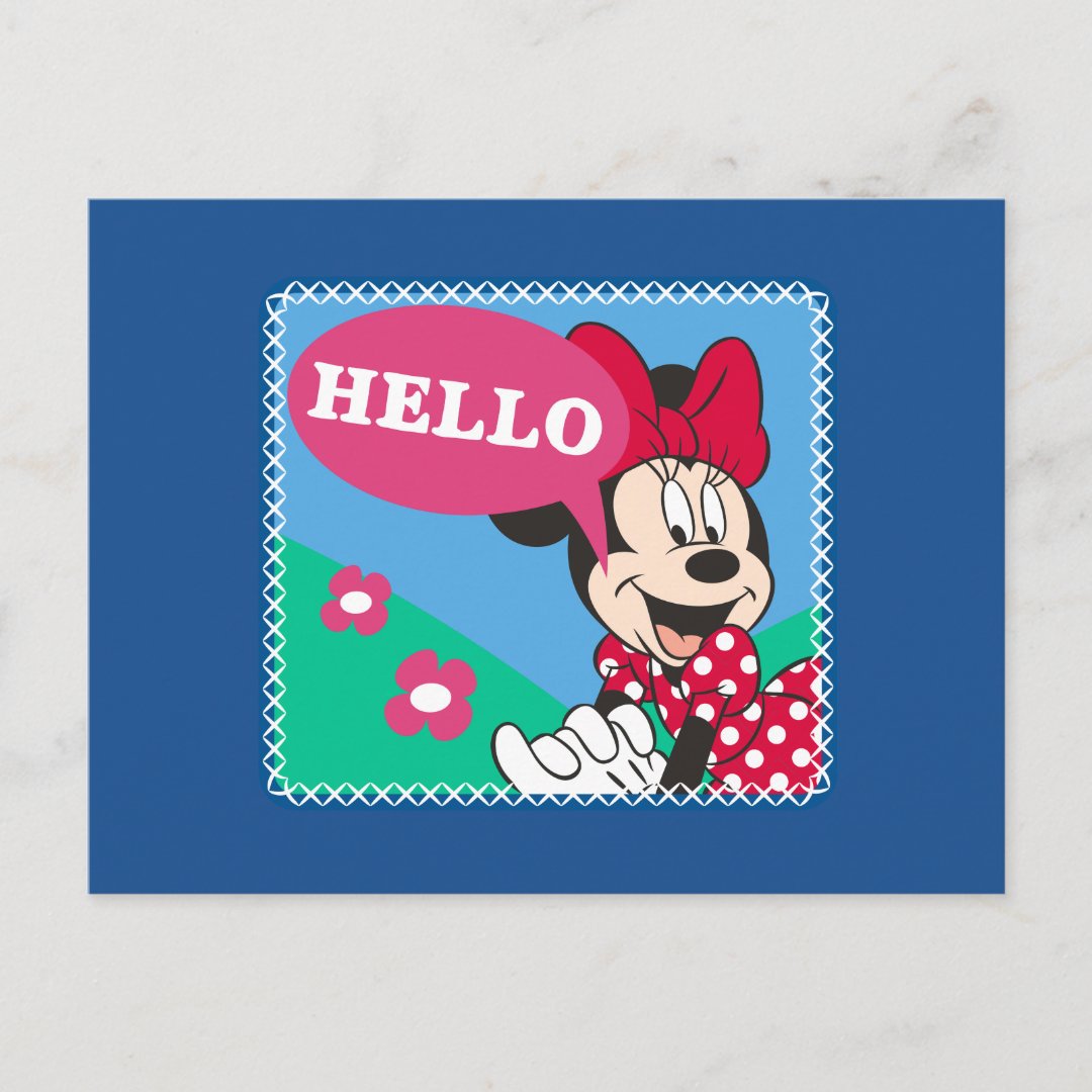 Minnie Mouse by Flowers - Hello Postcard | Zazzle
