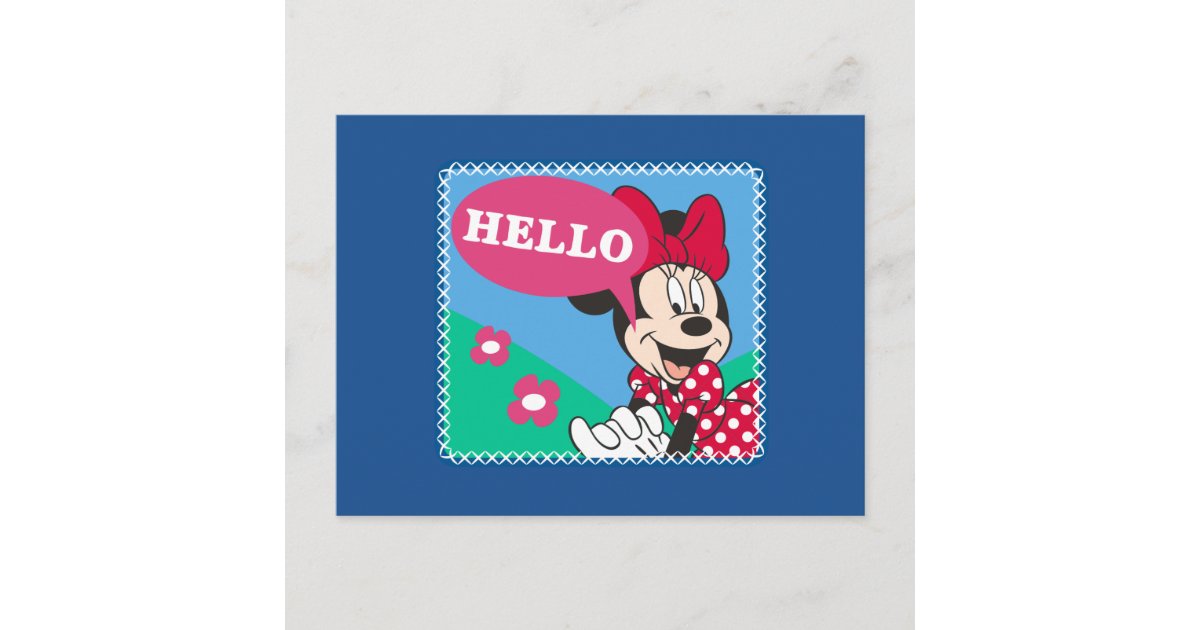 Minnie Mouse by Flowers - Hello Postcard | Zazzle