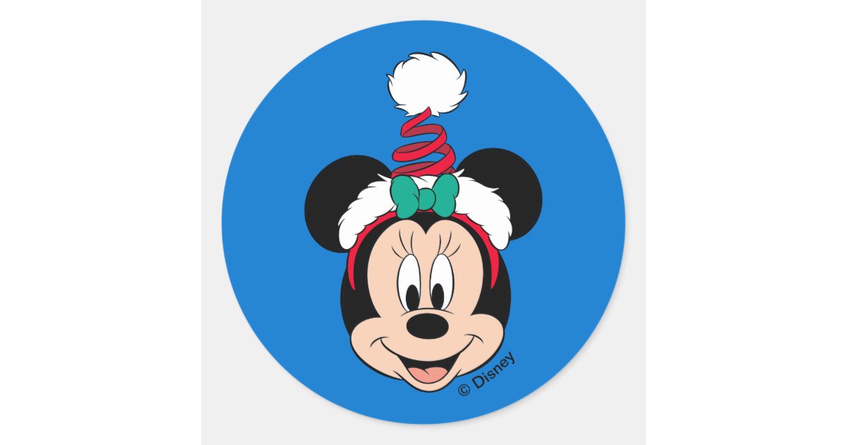 Minnie Mouse | Cute Christmas Hat Classic Round Sticker | Zazzle