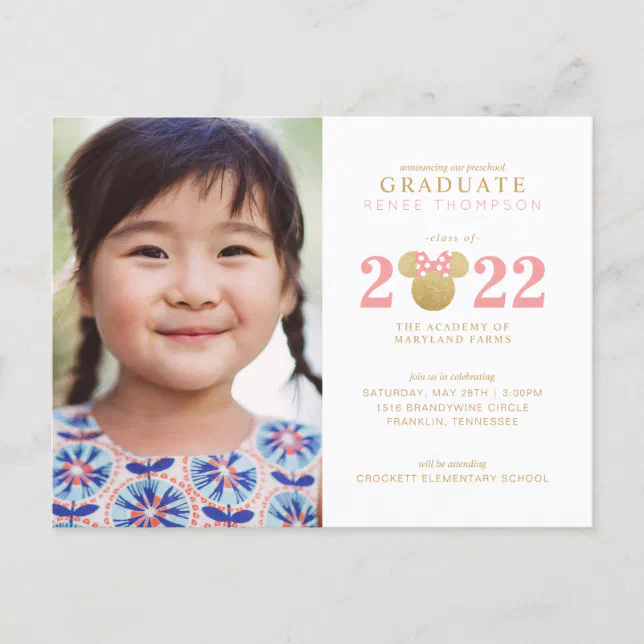 Minnie Mouse Gold and Pink Preschool Graduation Announcement Postcard ...