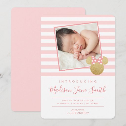 Minnie Mouse | Gold & Pink Birth Announcement | Zazzle