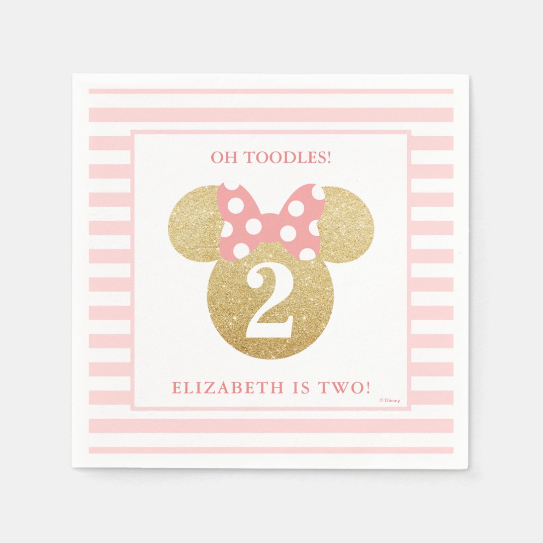 Minnie Mouse | Gold & Pink Striped Birthday Paper Napkins | Zazzle