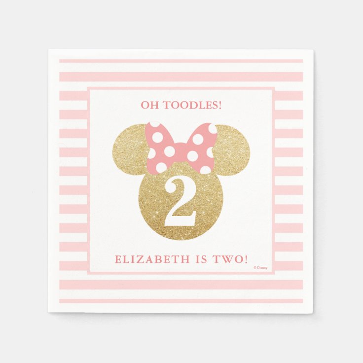 Minnie Mouse | Gold & Pink Striped Birthday Paper Napkins | Zazzle