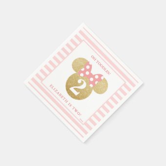 Minnie Mouse | Gold & Pink Striped Birthday Paper Napkins | Zazzle