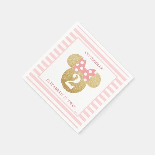 Minnie Mouse | Gold & Pink Striped Birthday Paper Napkins | Zazzle