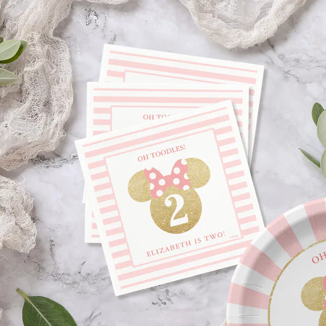 Minnie Mouse | Gold & Pink Striped Birthday Paper Napkins | Zazzle