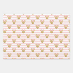 Minnie Mouse | Gold & Pink Striped Birthday Wrapping Paper Sheets | Zazzle