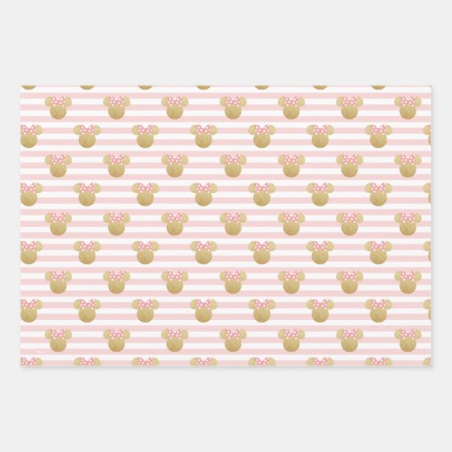 Minnie Mouse | Gold & Pink Striped Birthday Wrapping Paper Sheets | Zazzle