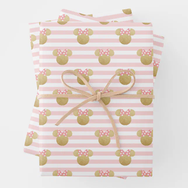 Minnie Mouse | Gold & Pink Striped Birthday Wrapping Paper Sheets | Zazzle