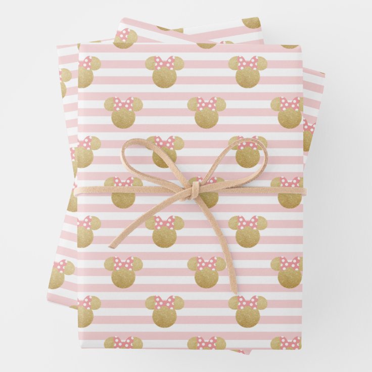 Minnie Mouse | Gold & Pink Striped Birthday Wrapping Paper Sheets | Zazzle