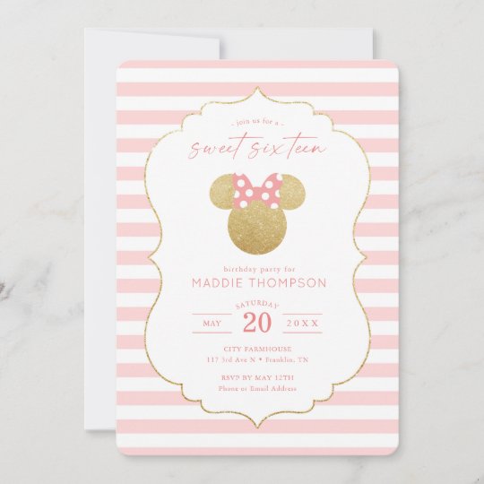 Minnie Mouse | Gold & Pink Sweet Sixteen Sixteen Invitation | Zazzle.com