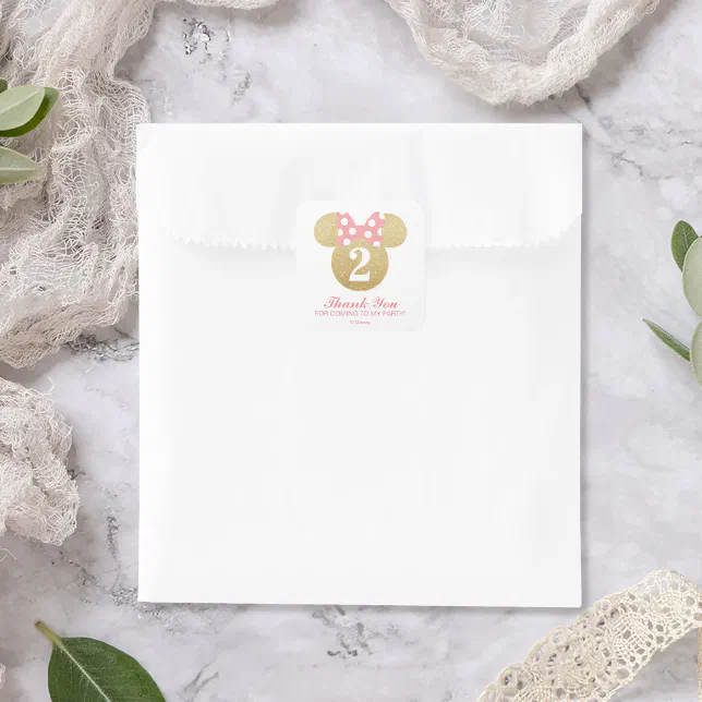 Minnie Mouse | Gold & Pink - Thank You Square Sticker | Zazzle