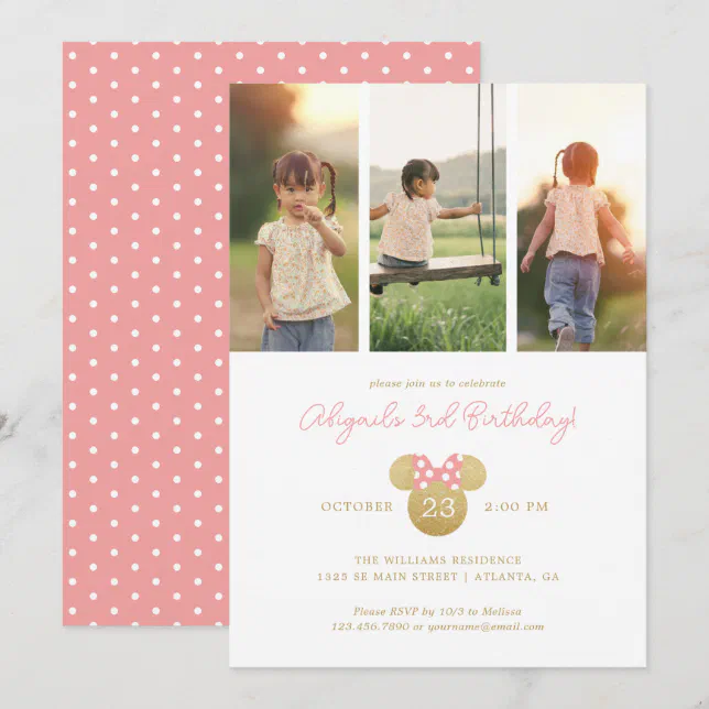 Minnie Mouse Pink & Gold Birthday | Photo Collage Invitation | Zazzle