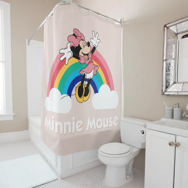 Minnie Mouse | Rainbow & Clouds Shower Curtain | Zazzle